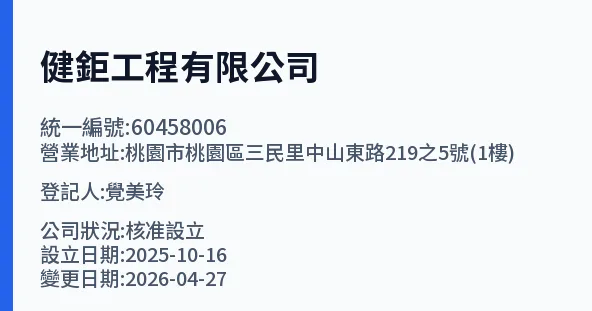 健鉅工程有限公司的照片-統編 60458006(桃園市) 公司登記資料與營業項目詳細圖表