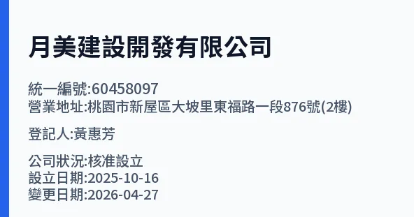 月美建設開發有限公司的照片-統編 60458097(桃園市) 公司登記資料與營業項目詳細圖表