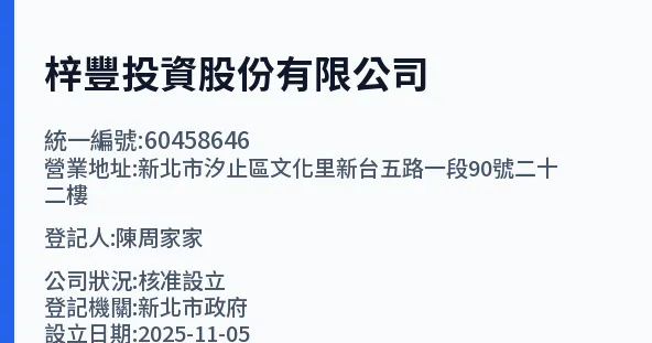 梓豐投資股份有限公司的照片-統編 60458646(新北市) 公司登記資料與營業項目詳細圖表