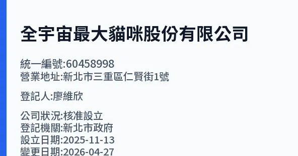 全宇宙最大貓咪股份有限公司的照片-統編 60458998(新北市) 公司登記資料與營業項目詳細圖表