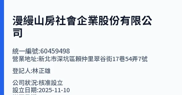 漫縵山房社會企業股份有限公司的照片-統編 60459498(新北市) 公司登記資料與營業項目詳細圖表
