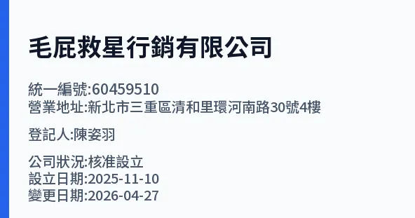毛屁救星行銷有限公司的照片-統編 60459510(新北市) 公司登記資料與營業項目詳細圖表