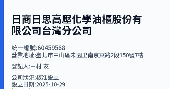 日商日思高壓化學油櫃股份有限公司台灣分公司的照片-統編 60459568(臺北市) 公司登記資料與營業項目詳細圖表