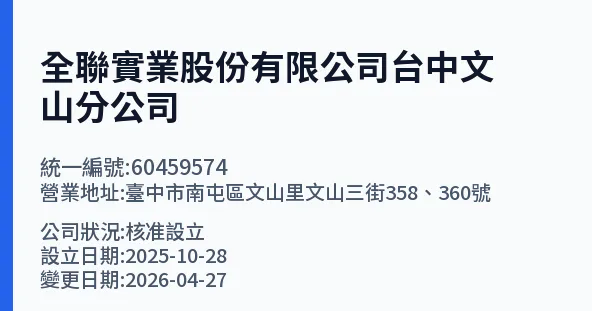 全聯實業股份有限公司台中文山分公司的照片-統編 60459574(臺中市) 公司登記資料與營業項目詳細圖表