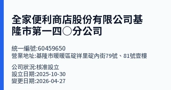 全家便利商店股份有限公司基隆市第一四○分公司的照片-統編 60459650(基隆市) 公司登記資料與營業項目詳細圖表