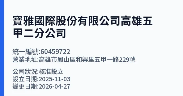 寶雅國際股份有限公司高雄五甲二分公司的照片-統編 60459722(高雄市) 公司登記資料與營業項目詳細圖表