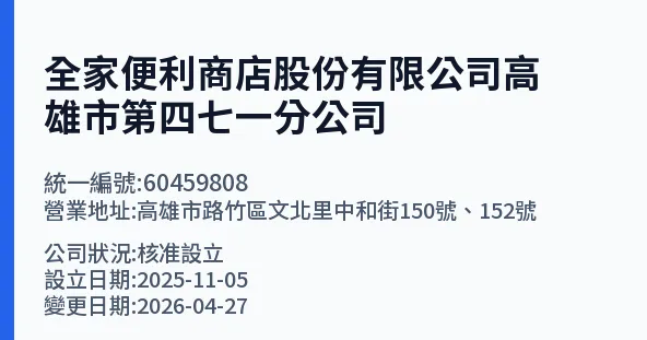 全家便利商店股份有限公司高雄市第四七一分公司的照片-統編 60459808(高雄市) 公司登記資料與營業項目詳細圖表