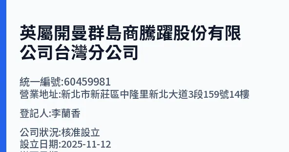 英屬開曼群島商騰躍股份有限公司台灣分公司的照片-統編 60459981(新北市) 公司登記資料與營業項目詳細圖表