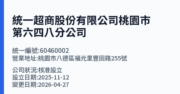 統一超商股份有限公司桃園市第六四八分公司的照片-統編 60460002(桃園市) 公司登記資料與營業項目詳細圖表