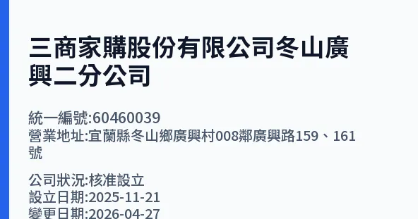 三商家購股份有限公司冬山廣興二分公司的照片-統編 60460039(宜蘭縣) 公司登記資料與營業項目詳細圖表
