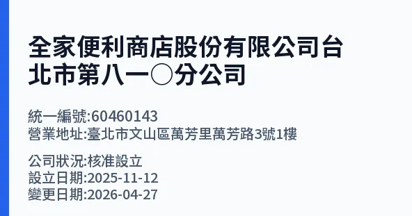 全家便利商店股份有限公司台北市第八一○分公司的照片-統編 60460143(臺北市) 公司登記資料與營業項目詳細圖表