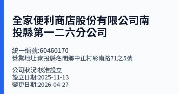 全家便利商店股份有限公司南投縣第一二六分公司的照片-統編 60460170(南投縣) 公司登記資料與營業項目詳細圖表