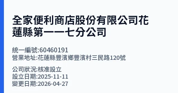 全家便利商店股份有限公司花蓮縣第一一七分公司的照片-統編 60460191(花蓮縣) 公司登記資料與營業項目詳細圖表