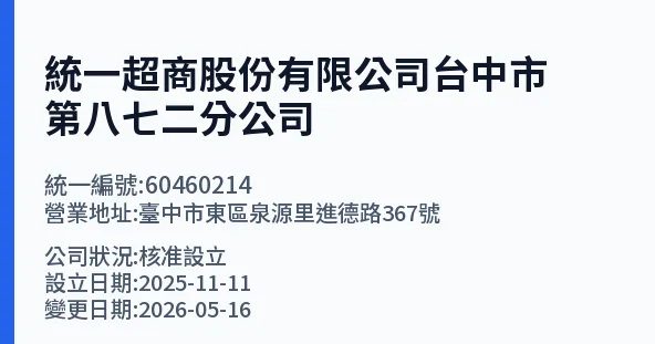 統一超商股份有限公司台中市第八七二分公司的照片-統編 60460214(臺中市) 公司登記資料與營業項目詳細圖表
