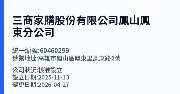 三商家購股份有限公司鳳山鳳東分公司的照片-統編 60460299(高雄市) 公司登記資料與營業項目詳細圖表
