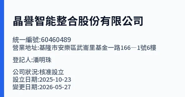 晶譽智能整合股份有限公司的照片-統編 60460489(基隆市) 公司登記資料與營業項目詳細圖表