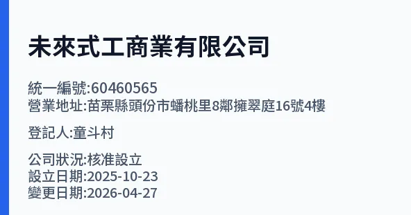未來式工商業有限公司的照片-統編 60460565(苗栗縣) 公司登記資料與營業項目詳細圖表