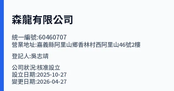 森龍有限公司的照片-統編 60460707(嘉義縣) 公司登記資料與營業項目詳細圖表