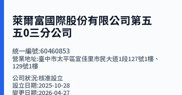 萊爾富國際股份有限公司第五五0三分公司的照片-統編 60460853(臺中市) 公司登記資料與營業項目詳細圖表