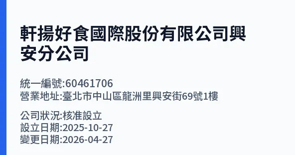 軒揚好食國際股份有限公司興安分公司的照片-統編 60461706(臺北市) 公司登記資料與營業項目詳細圖表