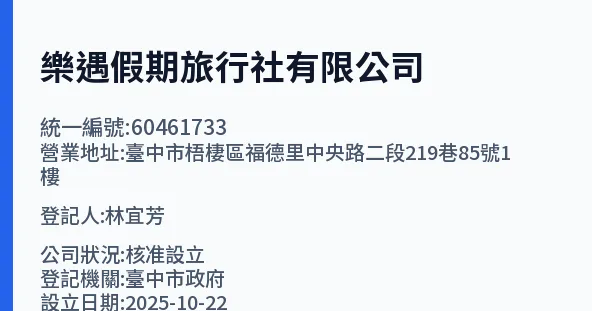樂遇假期旅行社有限公司的照片-統編 60461733(臺中市) 公司登記資料與營業項目詳細圖表