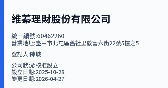 維蓁理財股份有限公司的照片-統編 60462260(臺中市) 公司登記資料與營業項目詳細圖表