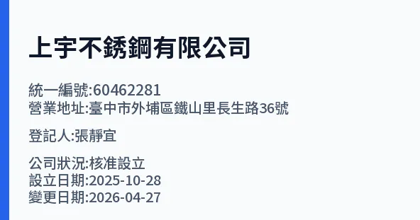 上宇不銹鋼有限公司的照片-統編 60462281(臺中市) 公司登記資料與營業項目詳細圖表