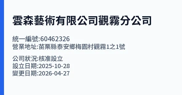 雲森藝術有限公司觀霧分公司的照片-統編 60462326(苗栗縣) 公司登記資料與營業項目詳細圖表