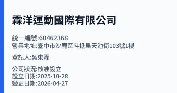 霖洋運動國際有限公司的照片-統編 60462368(臺中市) 公司登記資料與營業項目詳細圖表