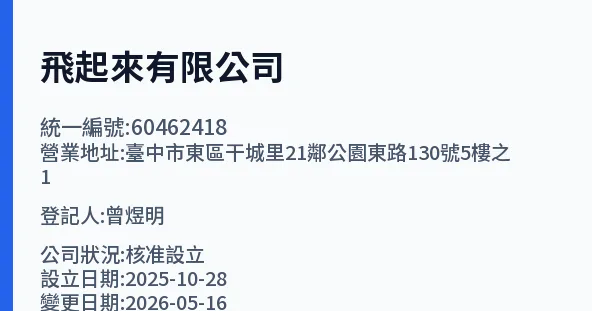 飛起來有限公司的照片-統編 60462418(臺中市) 公司登記資料與營業項目詳細圖表