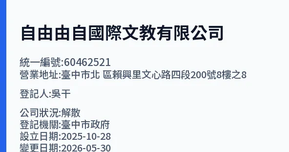 自由由自國際文教有限公司的照片-統編 60462521(臺中市) 公司登記資料與營業項目詳細圖表