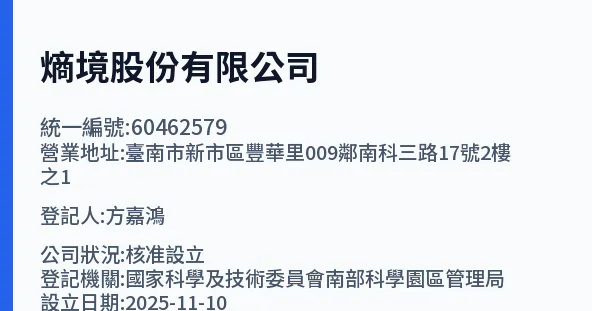 熵境股份有限公司的照片-統編 60462579(臺南市) 公司登記資料與營業項目詳細圖表