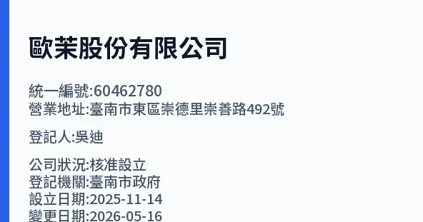 歐茉股份有限公司的照片-統編 60462780(臺南市) 公司登記資料與營業項目詳細圖表