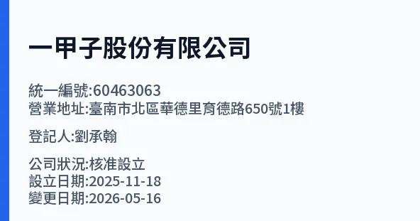一甲子股份有限公司的照片-統編 60463063(臺南市) 公司登記資料與營業項目詳細圖表