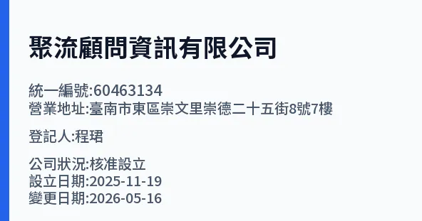 聚流顧問資訊有限公司的照片-統編 60463134(臺南市) 公司登記資料與營業項目詳細圖表