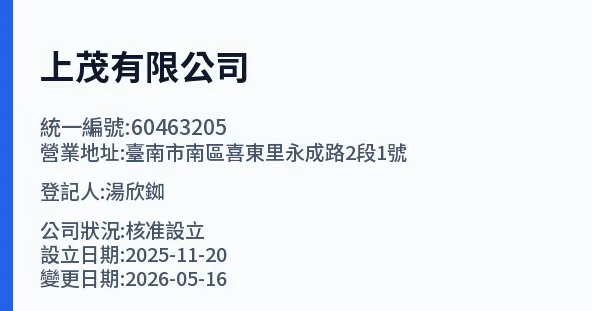 上茂有限公司的照片-統編 60463205(臺南市) 公司登記資料與營業項目詳細圖表