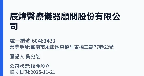 辰煒醫療儀器顧問股份有限公司的照片-統編 60463423(臺南市) 公司登記資料與營業項目詳細圖表