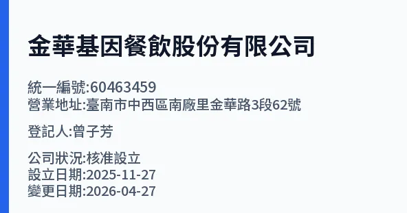 金華基因餐飲股份有限公司的照片-統編 60463459(臺南市) 公司登記資料與營業項目詳細圖表