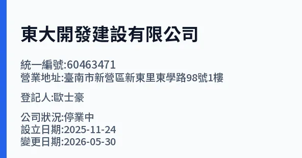 東大開發建設有限公司的照片-統編 60463471(臺南市) 公司登記資料與營業項目詳細圖表