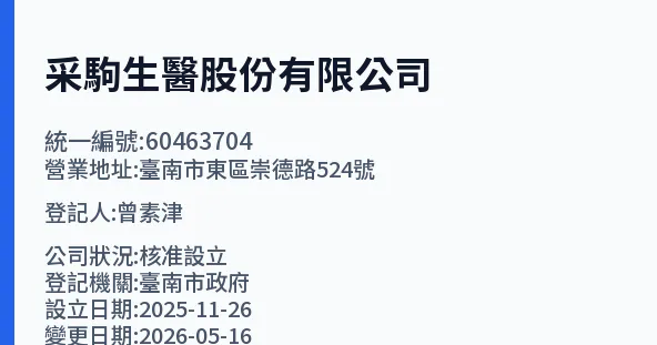 采駒生醫股份有限公司的照片-統編 60463704(臺南市) 公司登記資料與營業項目詳細圖表
