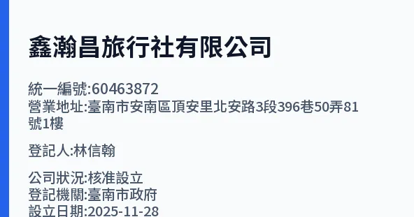 鑫瀚昌旅行社有限公司的照片-統編 60463872(臺南市) 公司登記資料與營業項目詳細圖表