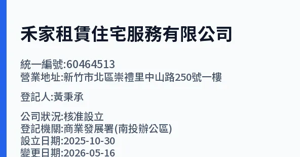 禾家租賃住宅服務有限公司的照片-統編 60464513(新竹市) 公司登記資料與營業項目詳細圖表