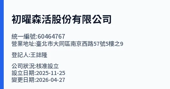 初曜森活股份有限公司的照片-統編 60464767(臺北市) 公司登記資料與營業項目詳細圖表