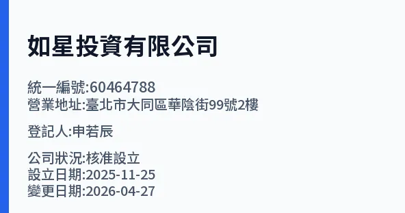 如星投資有限公司的照片-統編 60464788(臺北市) 公司登記資料與營業項目詳細圖表