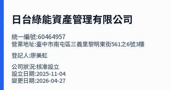 日台綠能資產管理有限公司的照片-統編 60464957(臺中市) 公司登記資料與營業項目詳細圖表