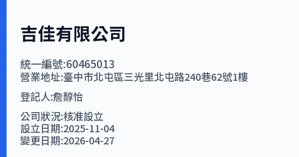 吉佳有限公司的照片-統編 60465013(臺中市) 公司登記資料與營業項目詳細圖表