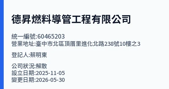 德昇燃料導管工程有限公司的照片-統編 60465203(臺中市) 公司登記資料與營業項目詳細圖表
