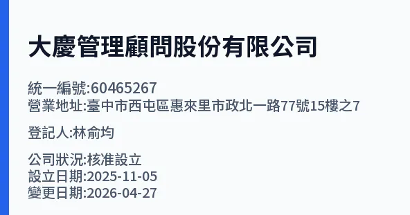 大慶管理顧問股份有限公司的照片-統編 60465267(臺中市) 公司登記資料與營業項目詳細圖表