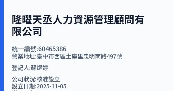 隆曜天丞人力資源管理顧問有限公司的照片-統編 60465386(臺中市) 公司登記資料與營業項目詳細圖表