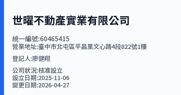 世曜不動產實業有限公司的照片-統編 60465415(臺中市) 公司登記資料與營業項目詳細圖表